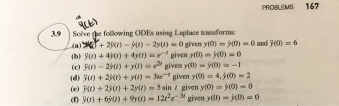 Solved PROBLEMS 167 3.9 Solvee following ODEs using Laplace | Chegg.com