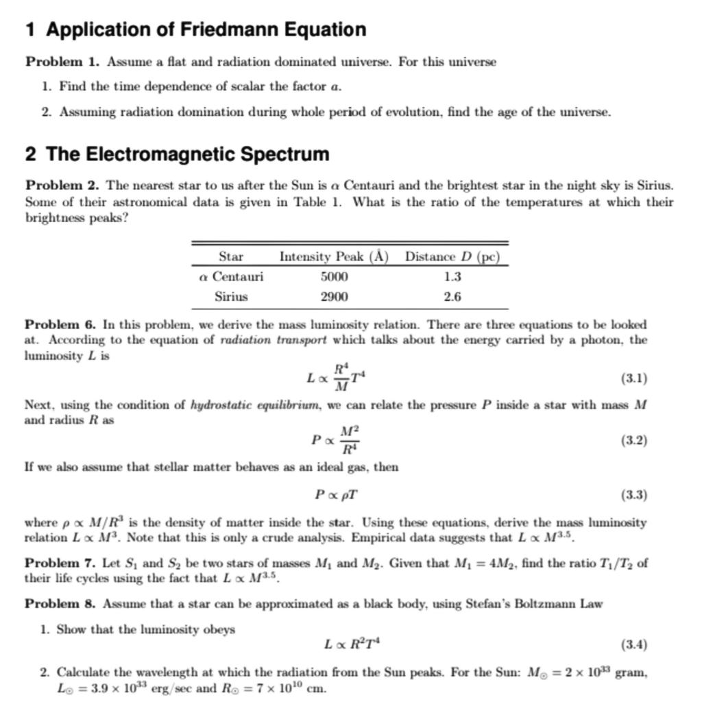 Solved 1 Application of Friedmann Equation Problem 1. Assume | Chegg.com