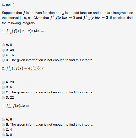 Solved (1 point) Suppose that f is an even function and g is | Chegg.com
