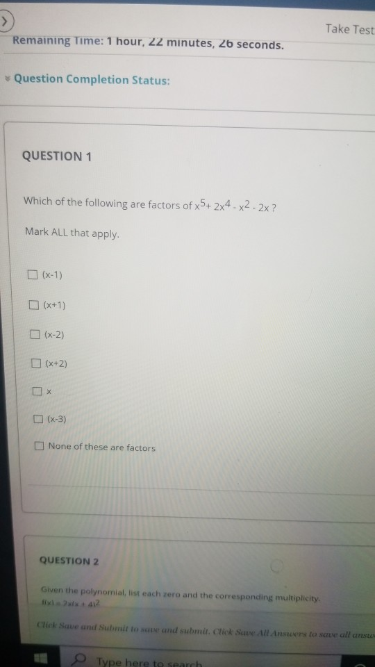 Solved Take Test Remaining Time: 1 hour, 22 minutes, 26 | Chegg.com