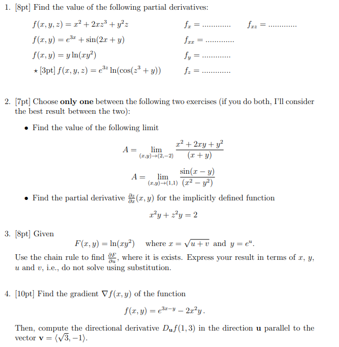 Solved 1. [8pt] Find the value of the following partial | Chegg.com