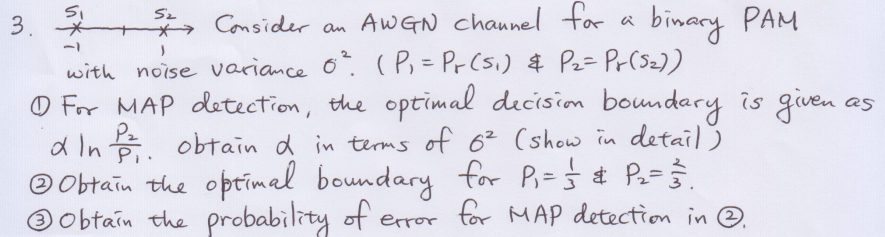 Solved 3. Consider an AWGN channel for a bimary PAM with | Chegg.com