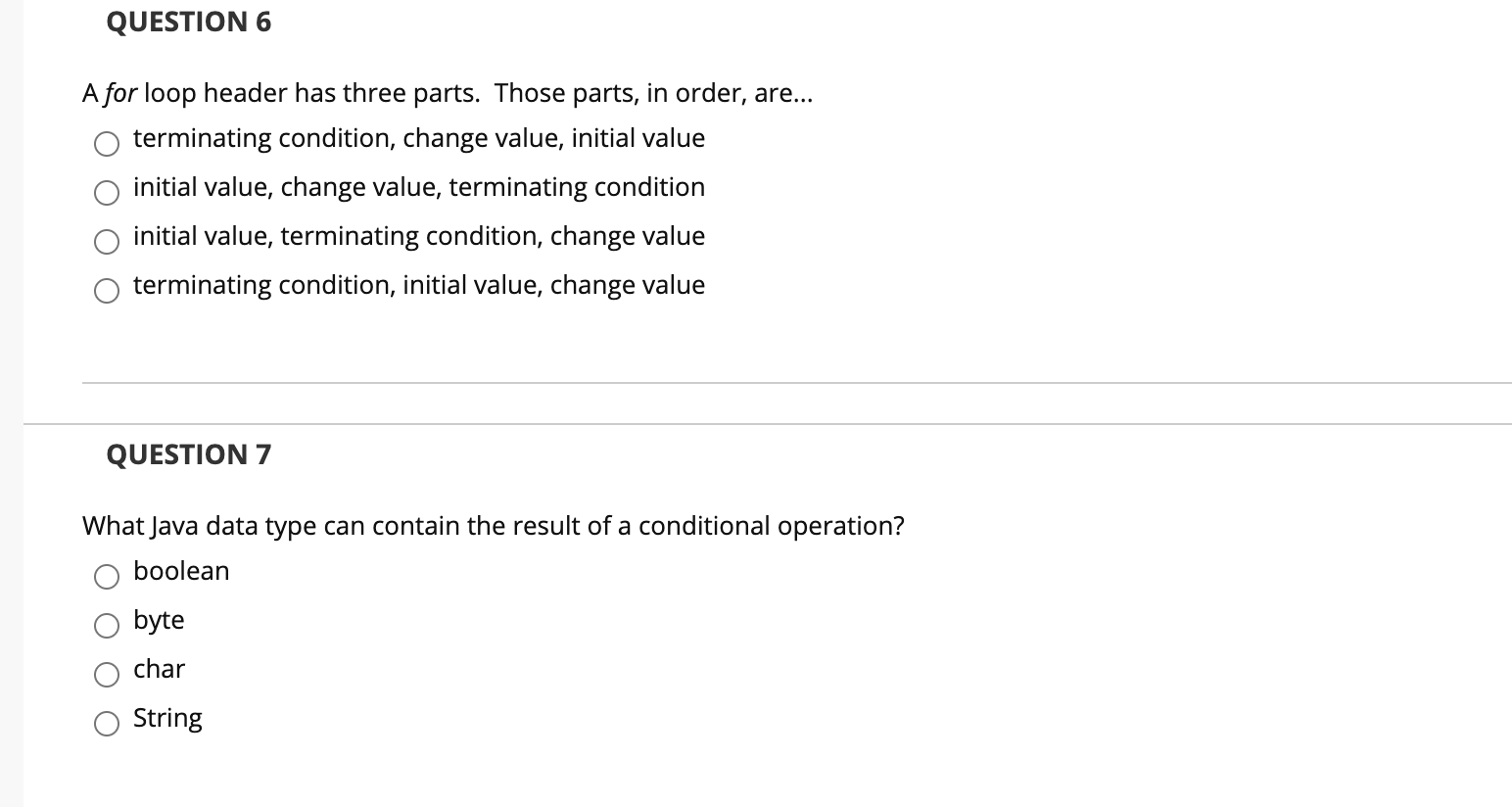Solved QUESTION 6 A for loop header has three parts. Those | Chegg.com