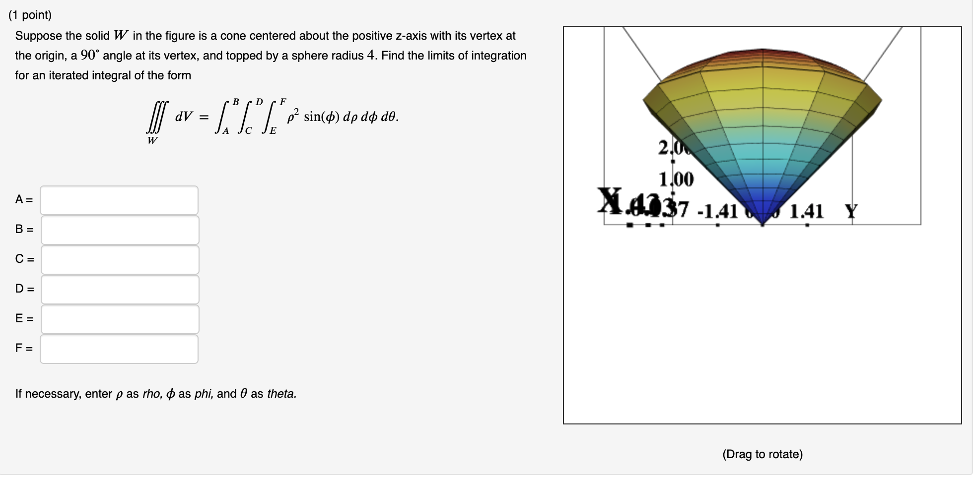 Solved (1 point) Suppose the solid W in the figure is a cone | Chegg.com