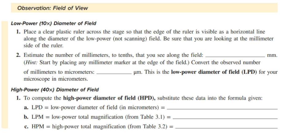 Observation: Field of View Low-Power (10x) Diameter | Chegg.com