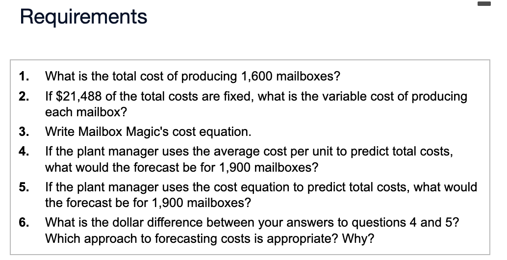 Solved Requirements 1. What is the total cost of producing | Chegg.com Solved Requirements 1. What is the total cost of producing | Chegg.com