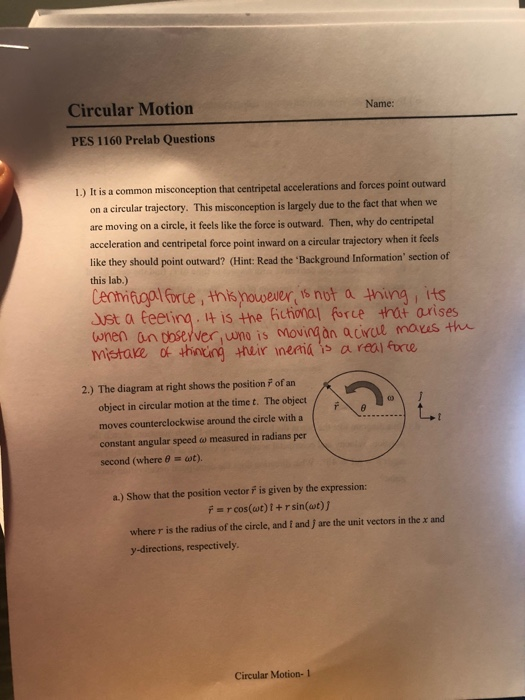 Solved Circular Motion Name: PES 1160 Prelab Questions 1.) | Chegg.com