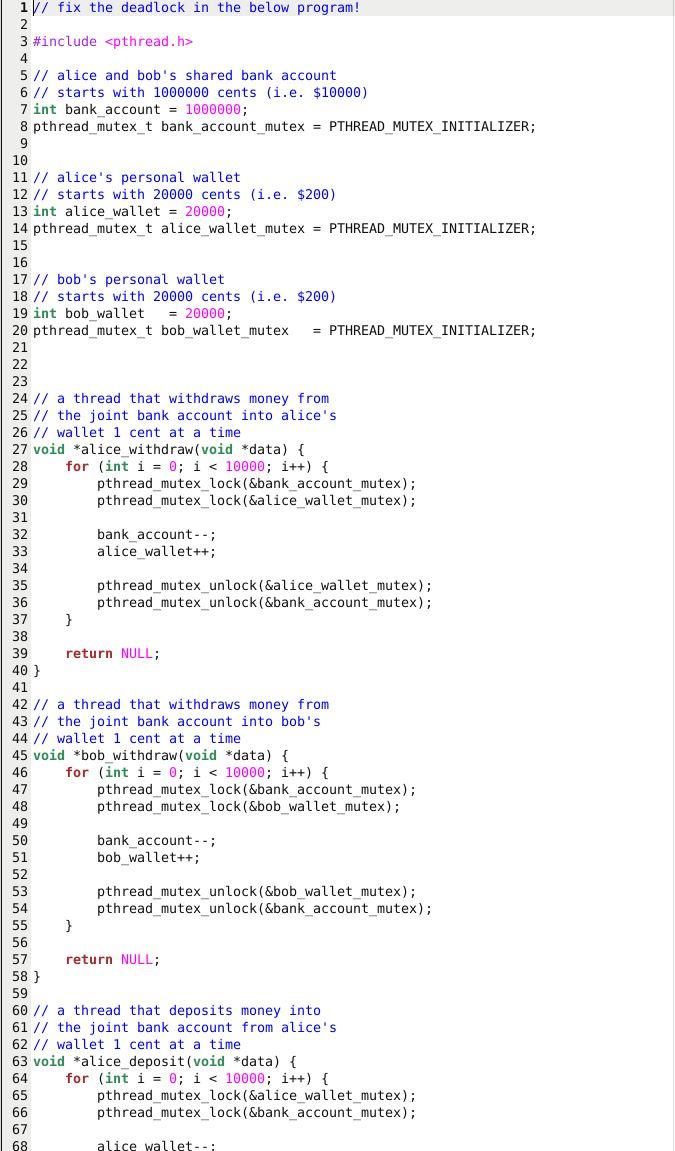 Solved . . . . . Provided for you is a file, fix_deadlock.c | Chegg.com
