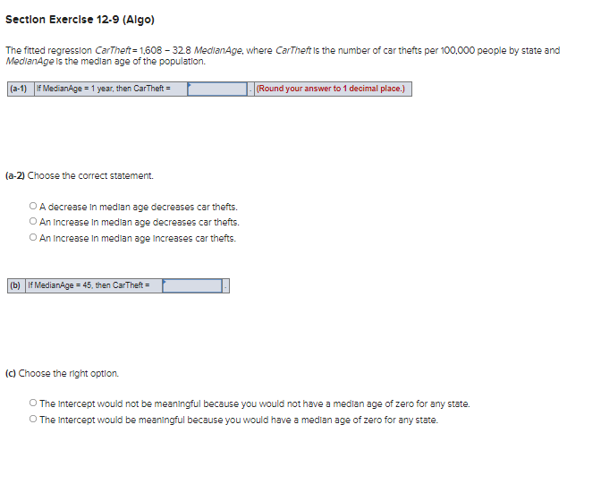 Solved Section Exercise 12-9 (Algo) The fitted regression | Chegg.com