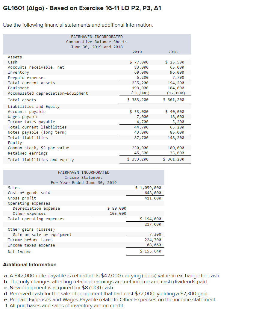Solved GL1601 (Algo) - Based on Exercise 16-11 LO P2, P3, A1 | Chegg.com