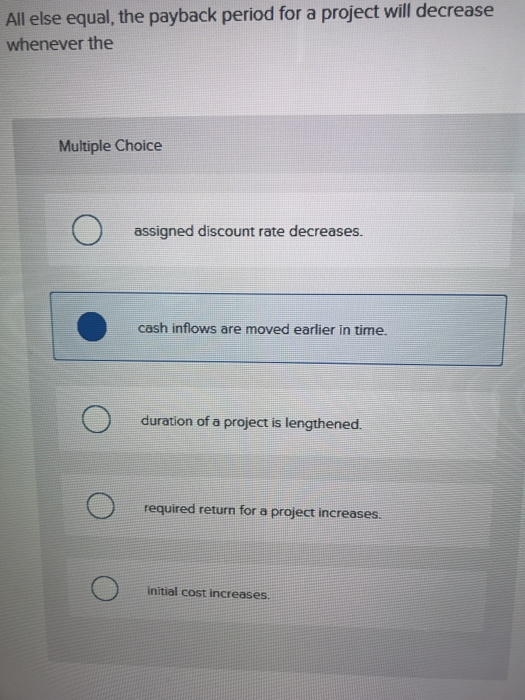 Solved All else equal, the payback period for a project will | Chegg.com