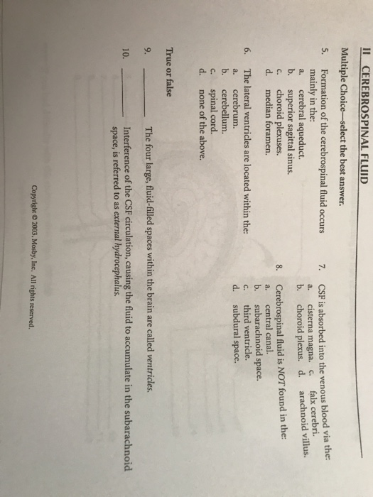 Solved II CEREBROSPINAL FLUID Multiple Choice-select the | Chegg.com