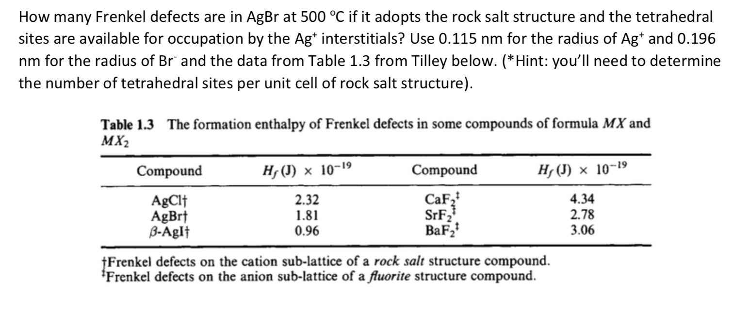 Solved How many Frenkel defects are in AgBr at 500∘C if it | Chegg.com