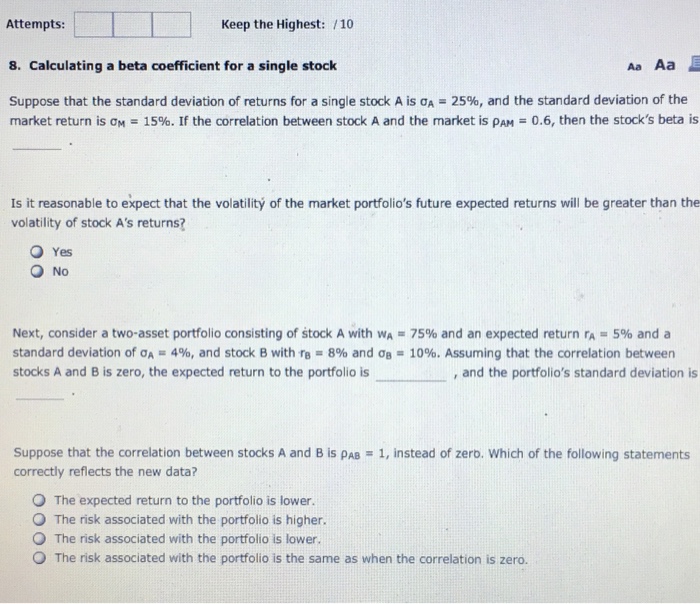 Solved Attempts 8 Calculating A Beta Coefficient For A