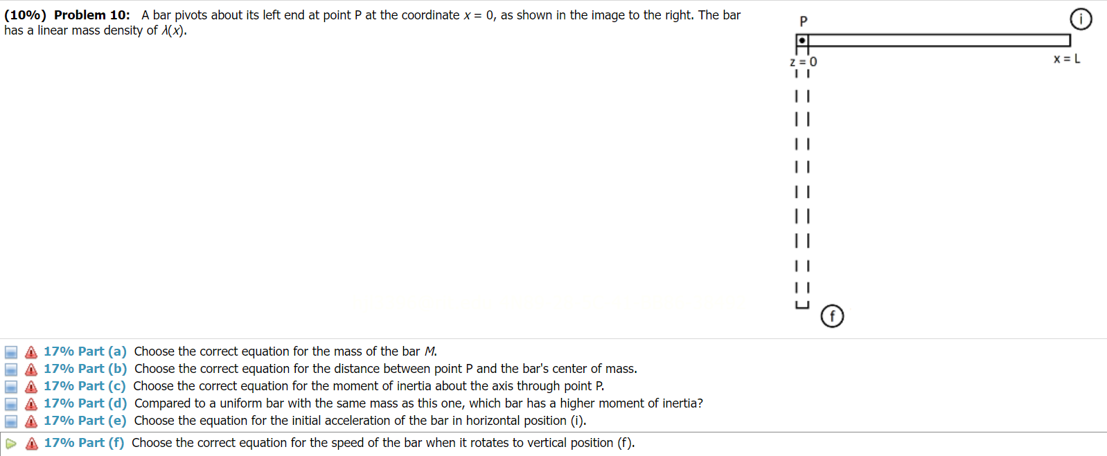 Solved (10\%) Problem 10: A bar pivots about its left end at | Chegg.com