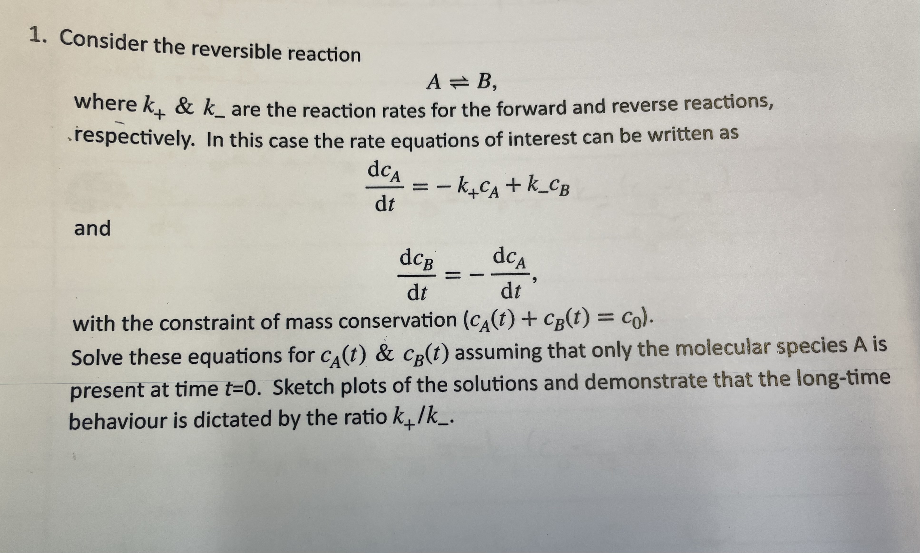 Solved 1. Consider the reversible reaction A⇌B Where | Chegg.com