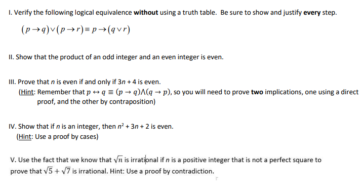 Solved I. Verify the following logical equivalence without | Chegg.com