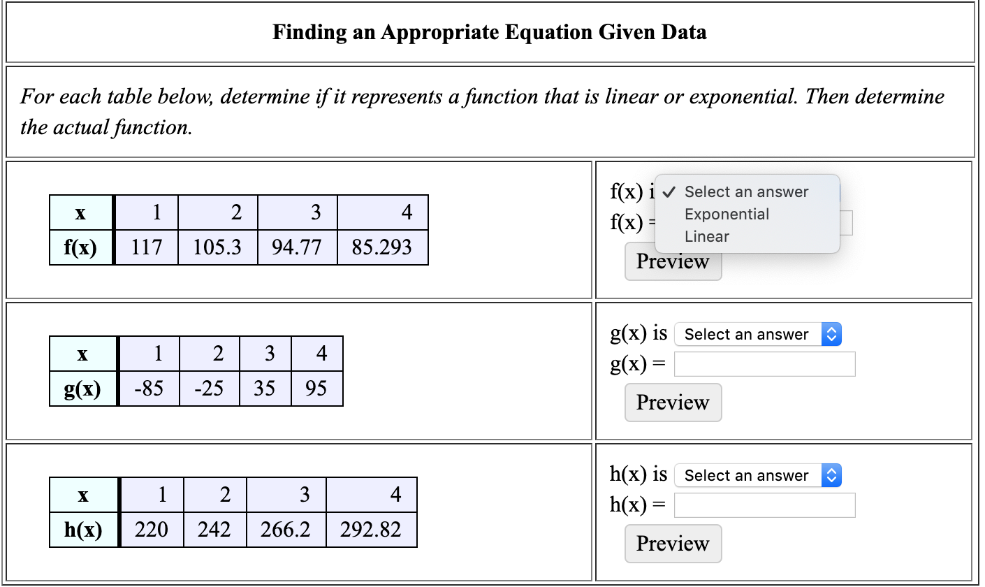 Solved Finding an Appropriate Equation Given Data For each | Chegg.com