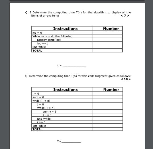 Solved Q. 9 Determine the computing time \\( T(n) \\) for | Chegg.com