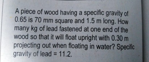 Solved A piece of wood having a specific gravity of 0.65 is | Chegg.com