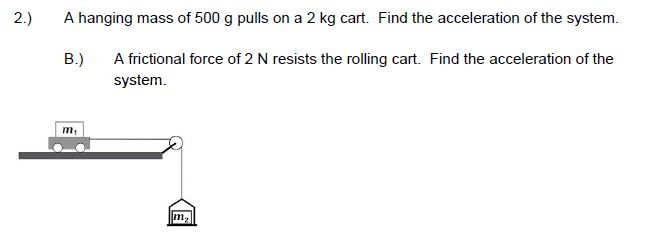 Solved 2.) A hanging mass of 500 g pulls on a 2 kg cart. | Chegg.com