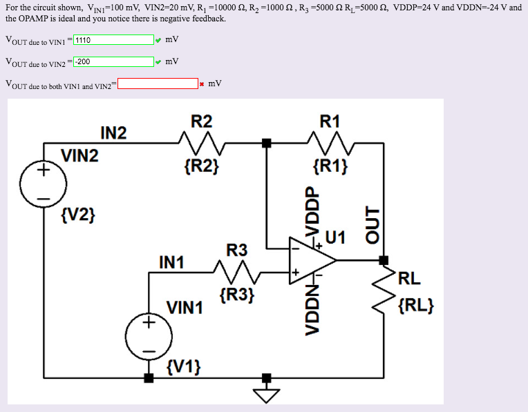Solved mV For the circuit shown, ViN1=100 mV, VIN2=20 mV, R, | Chegg.com