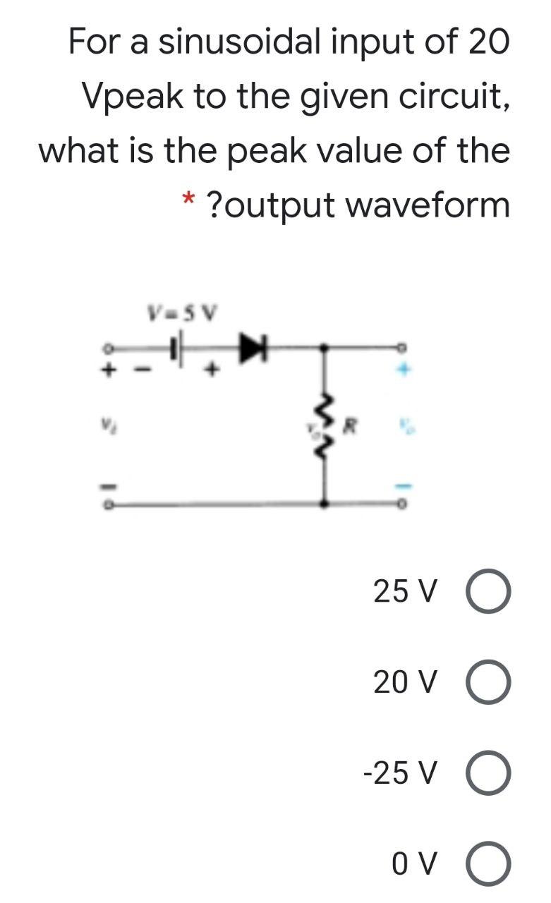 Solved For a sinusoidal input of 20 Vpeak to the given | Chegg.com