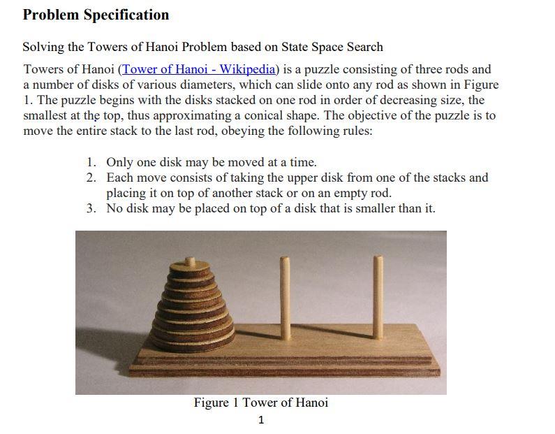 Solved Problem Specification Solving the Towers of Hanoi | Chegg.com