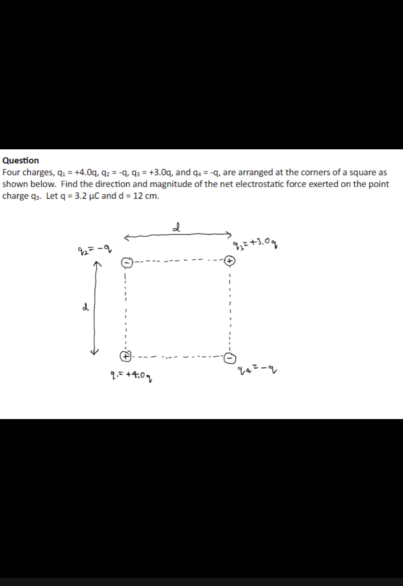 Solved Question Four charges, q1=+4.0q,q2=−q,q3=+3.0q, and | Chegg.com