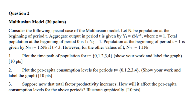 Solved Question 2 Malthusian Model (30 points) Consider the | Chegg.com