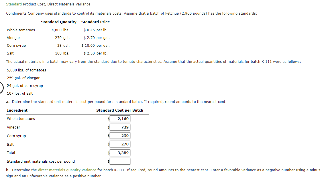 Solved Standard Product Cost Direct Materials Variance