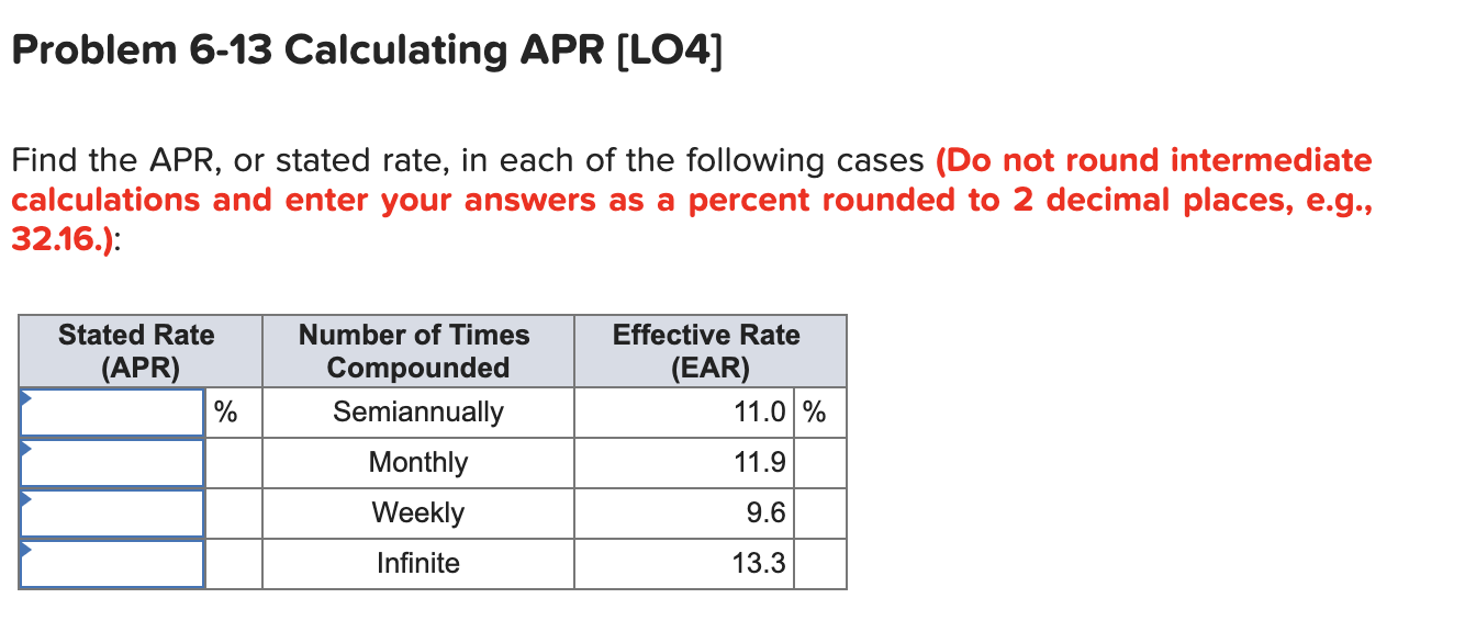 Solved Problem 6-13 Calculating APR [LO4] Find the APR, or | Chegg.com