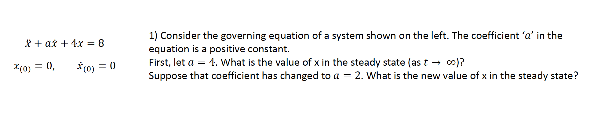 Solved Ï + ax + 4x = 8 - 1) Consider the governing equation | Chegg.com