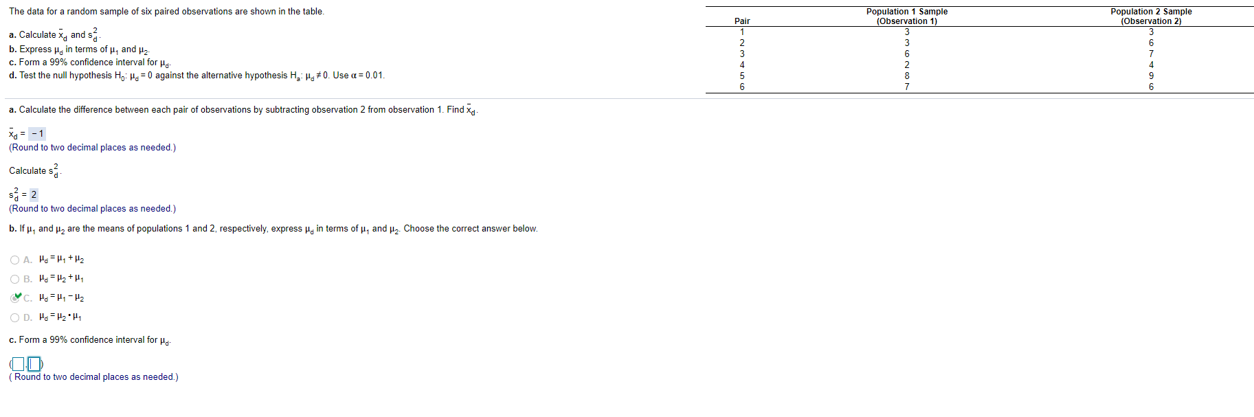 Solved Population 2 Sample (Observation 2) The data for a | Chegg.com