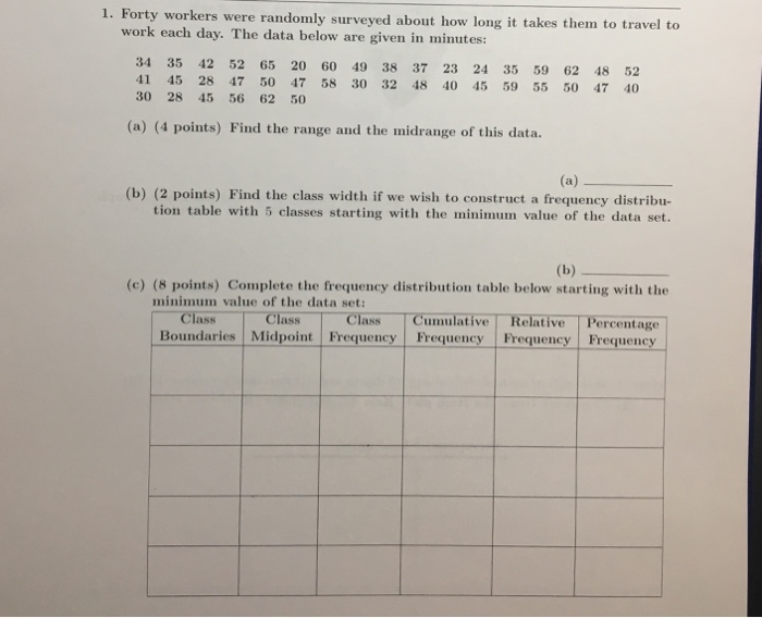 Solved 1. Forty workers were randomly surveyed about how | Chegg.com