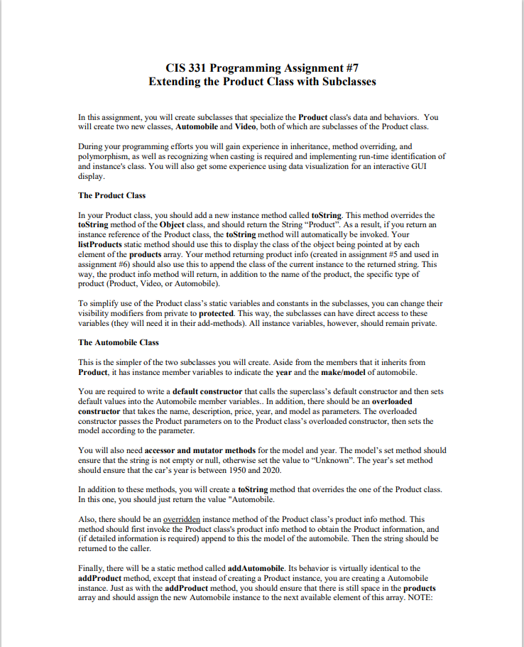 CIS 331 Programming Assignment #7 Extending the | Chegg.com