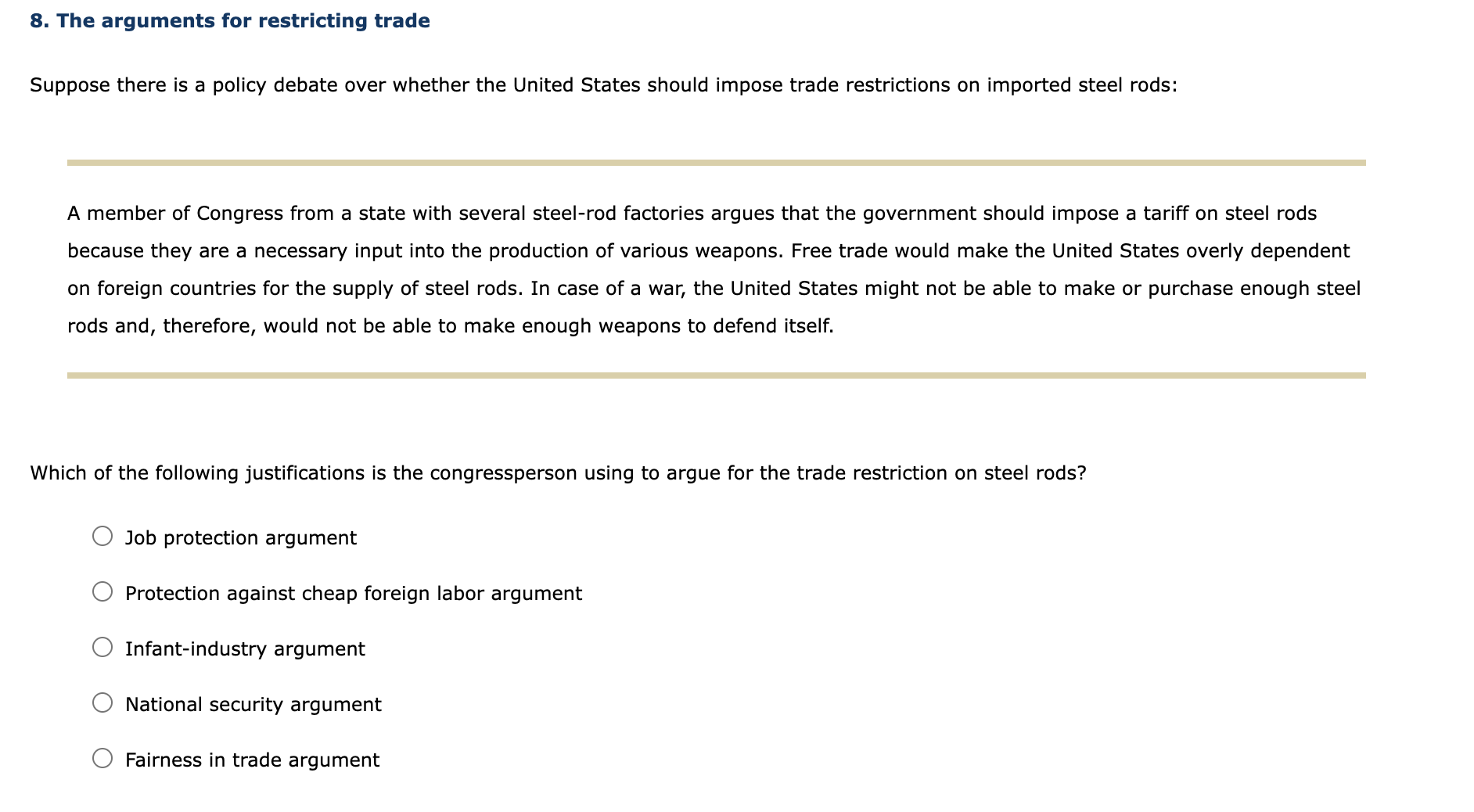 Solved 8. The arguments for restricting trade Suppose there | Chegg.com
