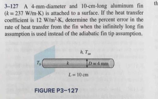 Solved 3-127 A 4-mm-diameter and 10-cm-long aluminum fin | Chegg.com