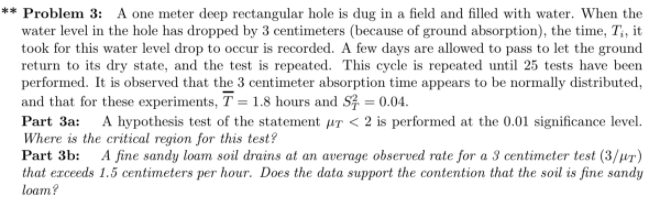 Solved ** Problem 3: A one meter deep rectangular hole is | Chegg.com