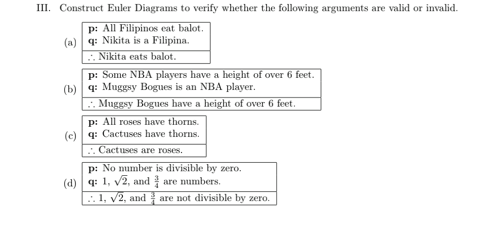 Solved III. Construct Euler Diagrams to verify whether the | Chegg.com