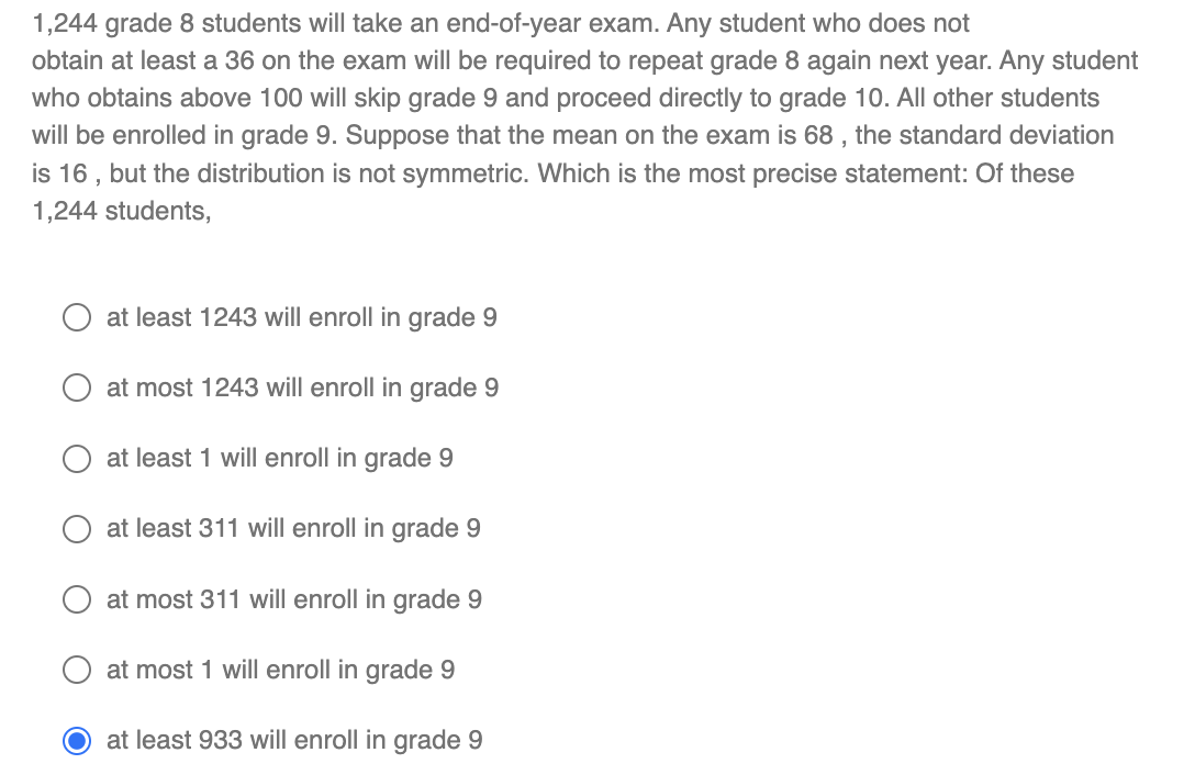 Solved 1,244 grade 8 students will take an end-of-year exam. | Chegg.com