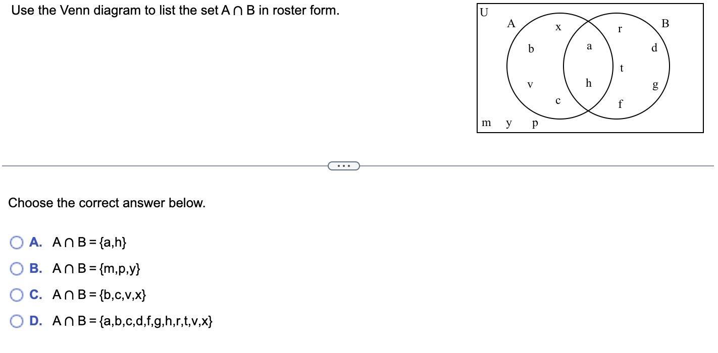 Solved Use the Venn diagram to list the set A∩B in roster | Chegg.com