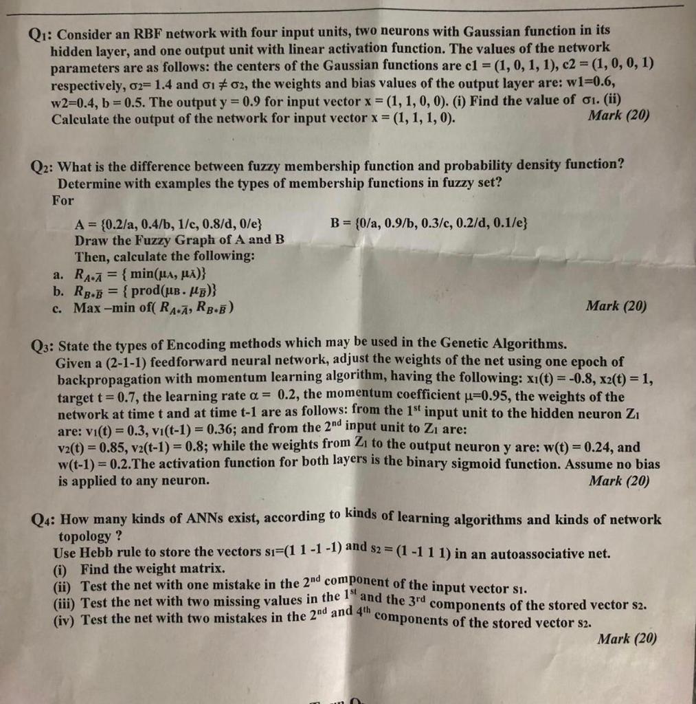 Solved Q1: Consider an RBF network with four input units, | Chegg.com