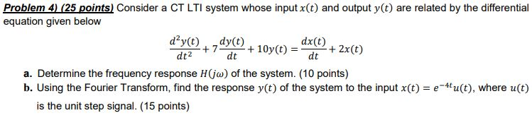 Solved +7 Problem 4) (25 points) Consider a CT LTI system | Chegg.com