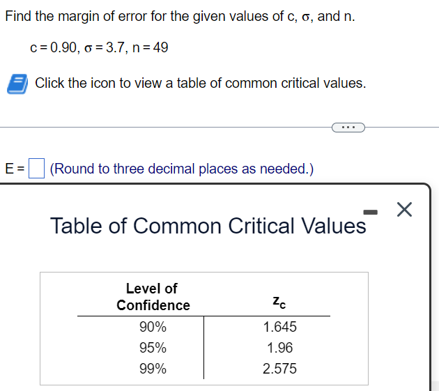 Solved Find the margin of error for the given values of c,σ, | Chegg.com