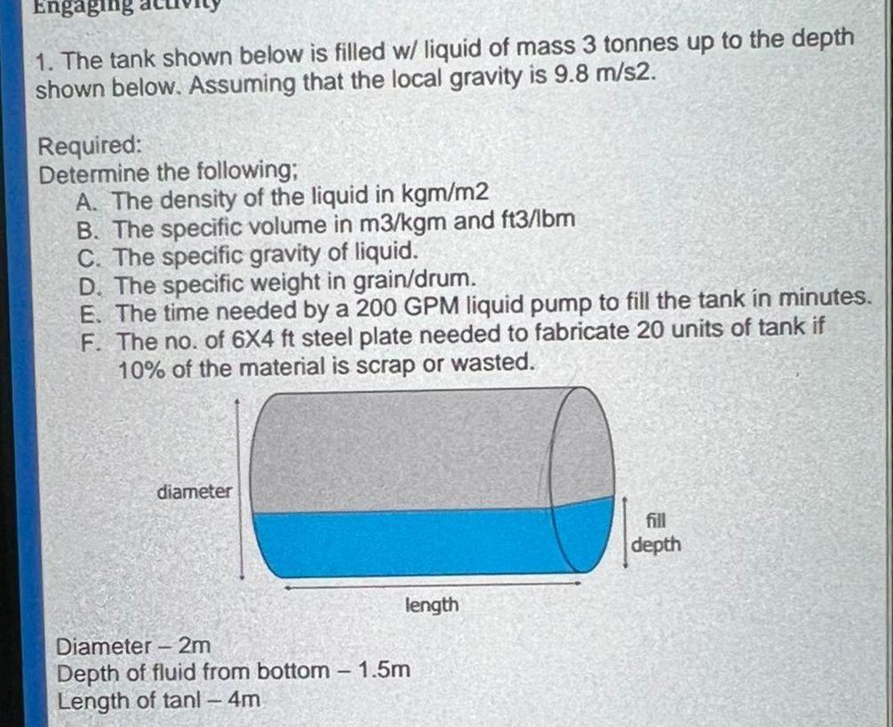 1. The tank shown below is filled w/ liquid of mass 3 | Chegg.com