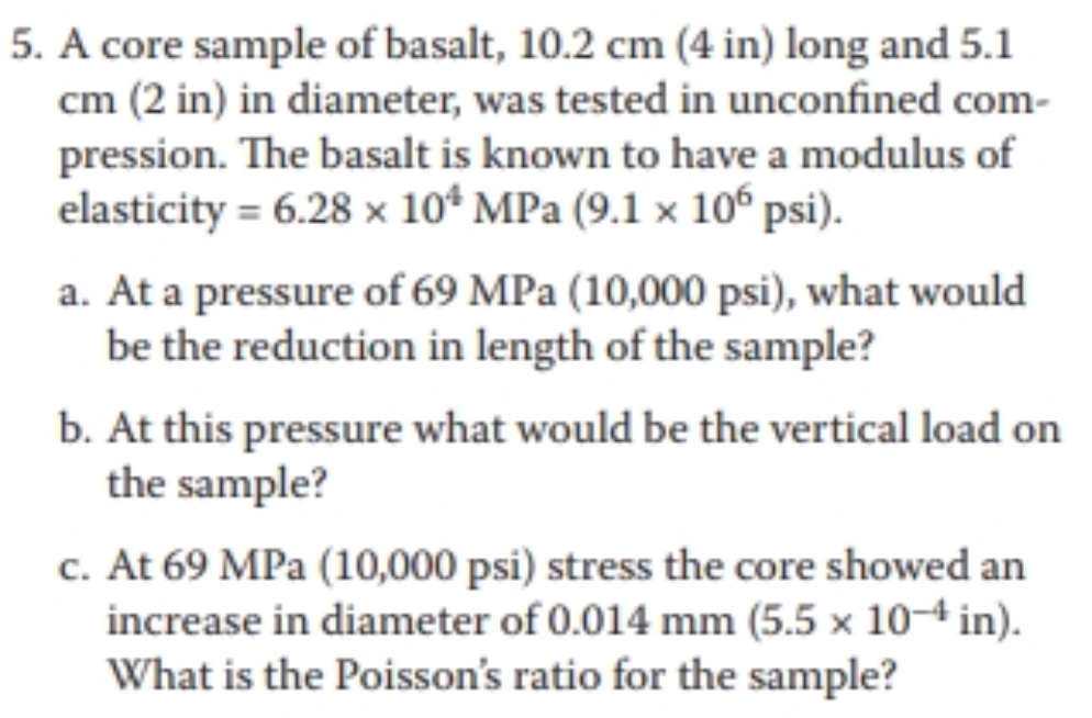 Solved 5. A core sample of basalt, 10.2 cm (4 in) long and | Chegg.com