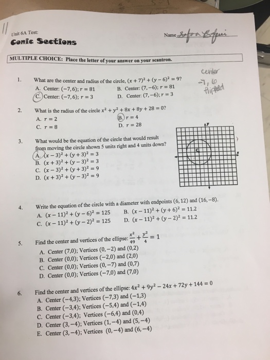 Solved Unit 6A Test Conic Sections Name MULTIPLE CHOICE: | Chegg.com