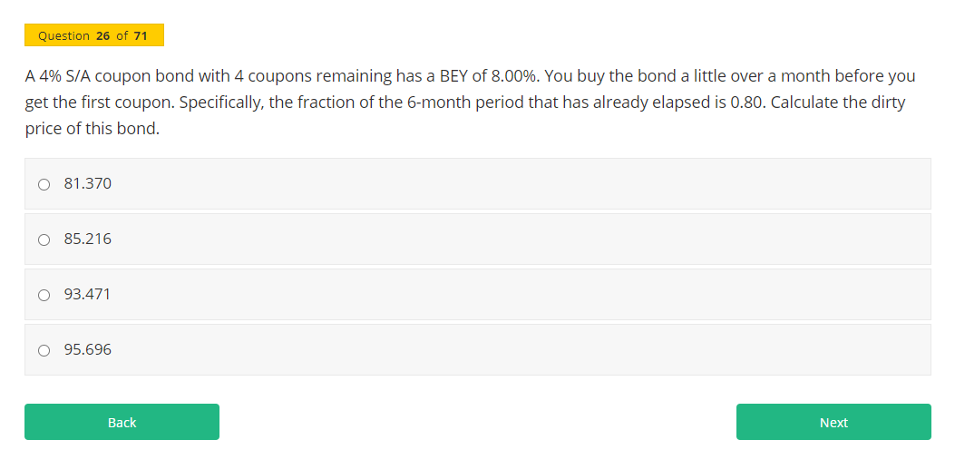 Solved Question 26 of 71 A4% S/A coupon bond with 4 coupons | Chegg.com