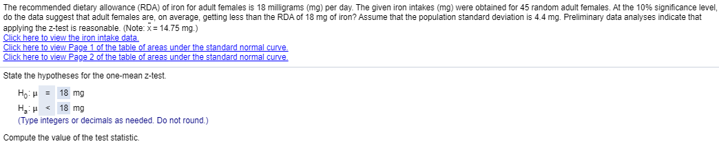 Solved The recommended dietary allowance (RDA) of iron for | Chegg.com